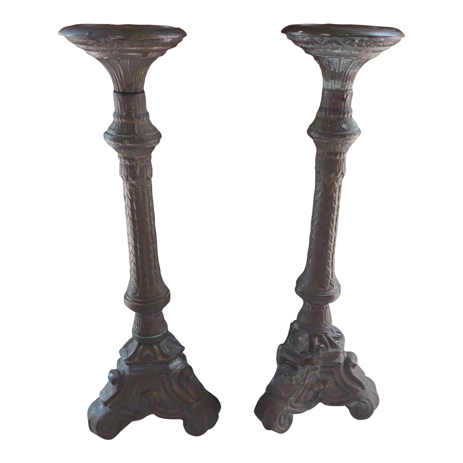 Pair of 1920s Bronze Baroque Candlesticks | Chairish