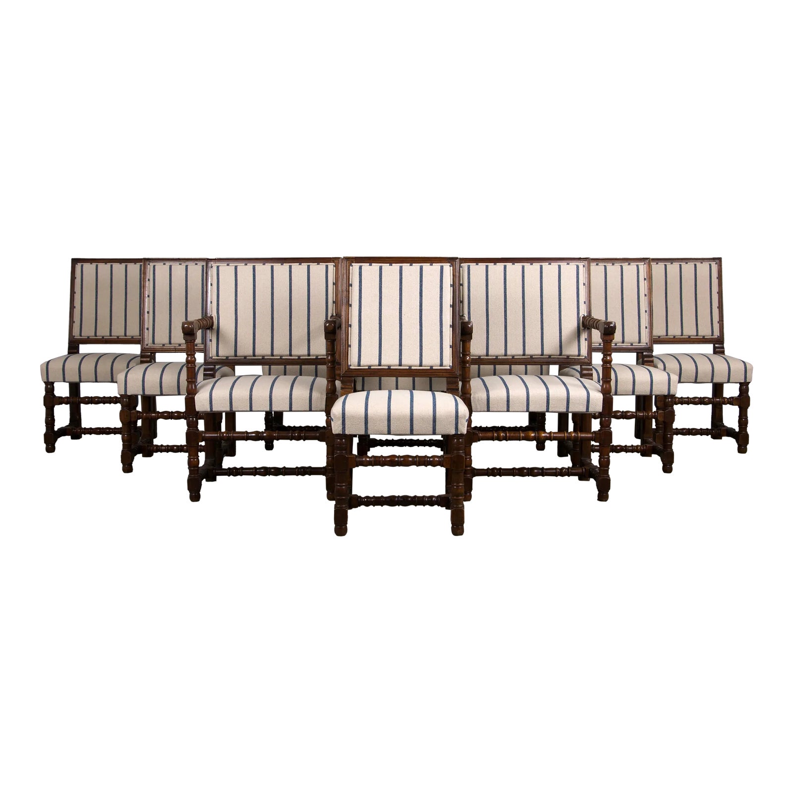 Antique French Louis XIII Style Walnut Dining Chairs W/ Striped Fabric ...