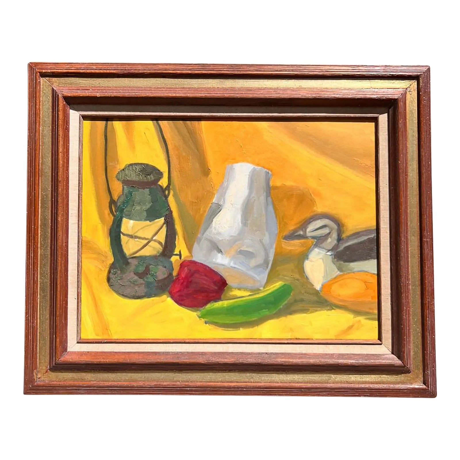 Mid-Century Modern Framed Yellow Still Life Oil Painting | Chairish