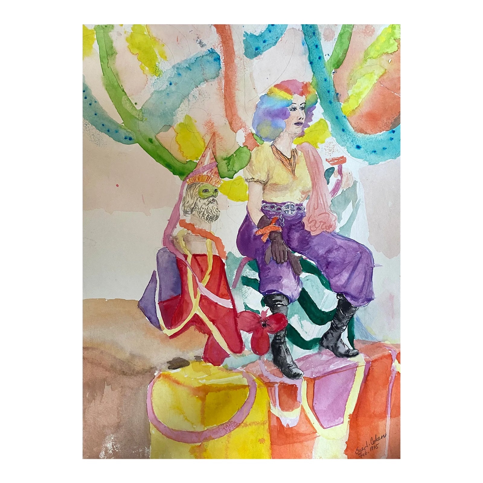 1975 Sue Cohen Mardi Gras New Orleans Watercolor | Chairish