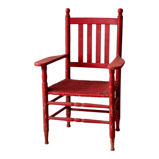 Antique Red Wicker Seat Arm Chair | Chairish