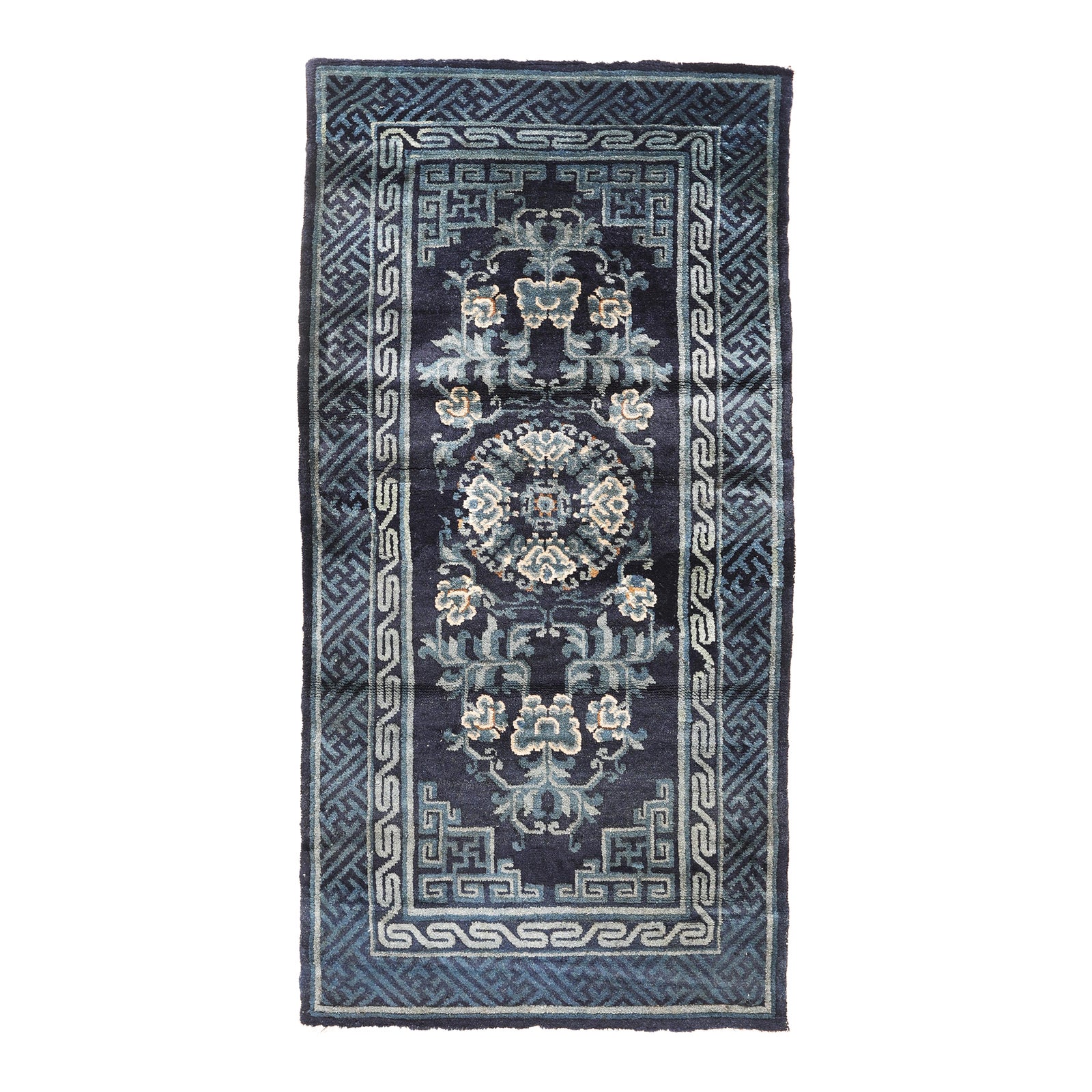 Antique Chinese Peking Rug With Floral Medallion in Deep Indigo Color ...