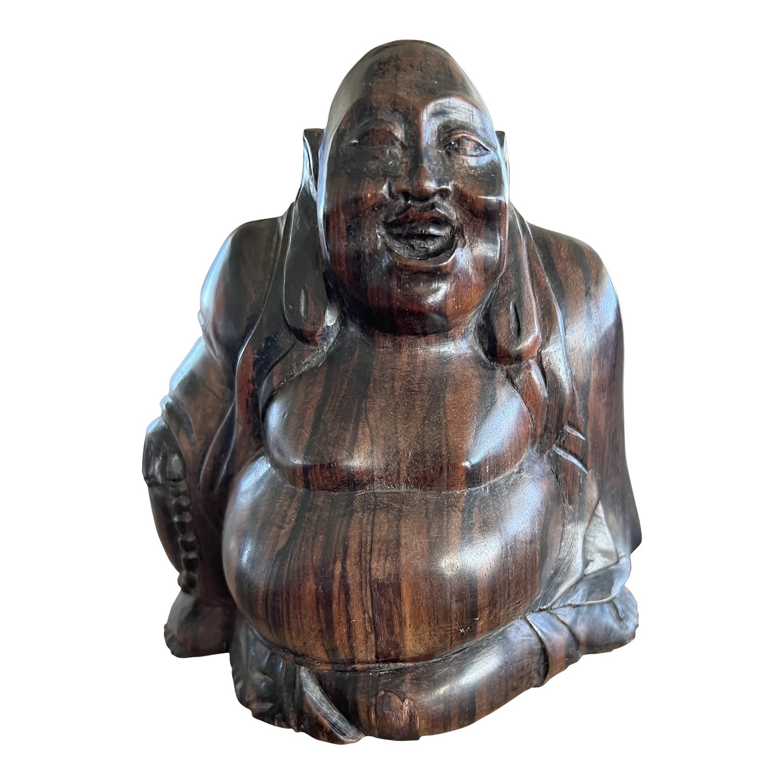 Vintage Laughing Happy Buddha Carved Statue | Chairish