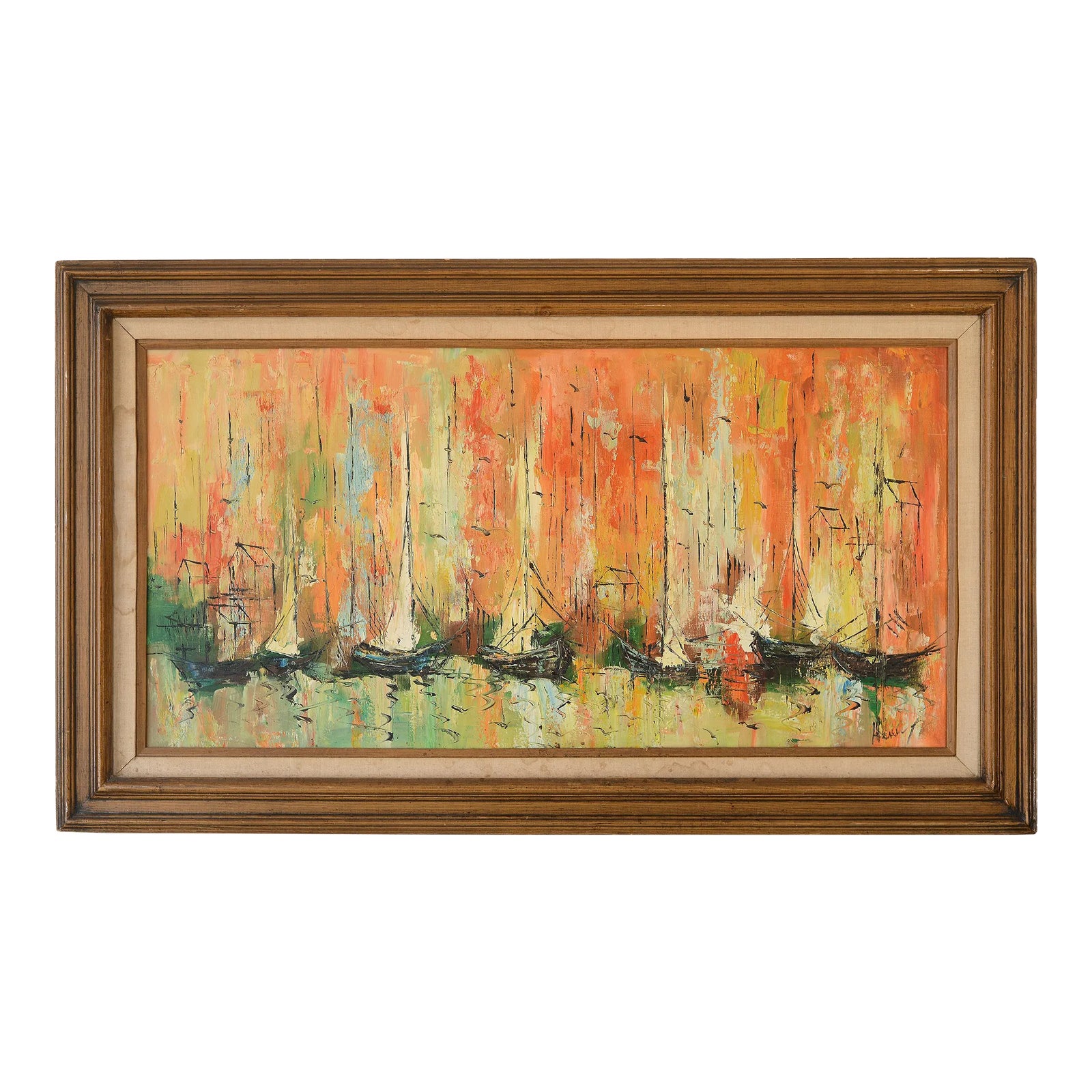 MCM Abstract Brutalist Sailboats at Harbor Seascape Painting | Chairish