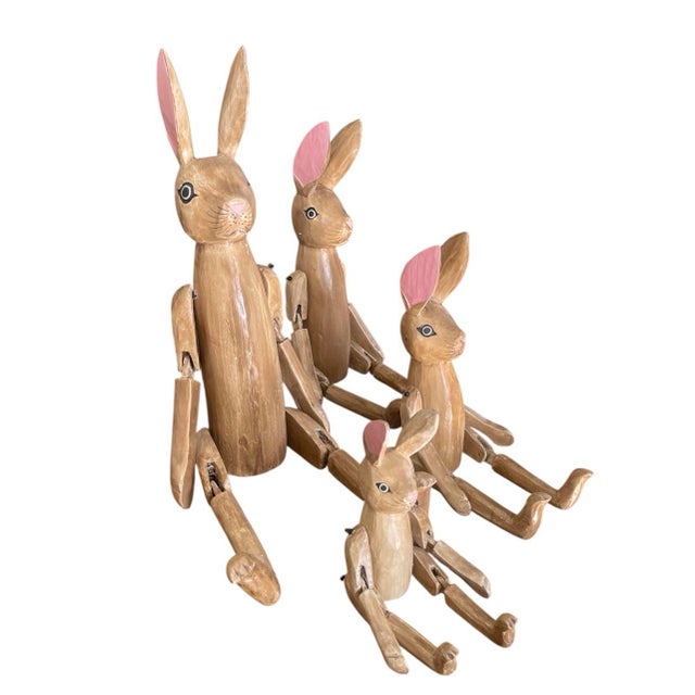 Vintage Hand-Carved Articulated Wooden Rabbit Family - Set of 4 | Chairish