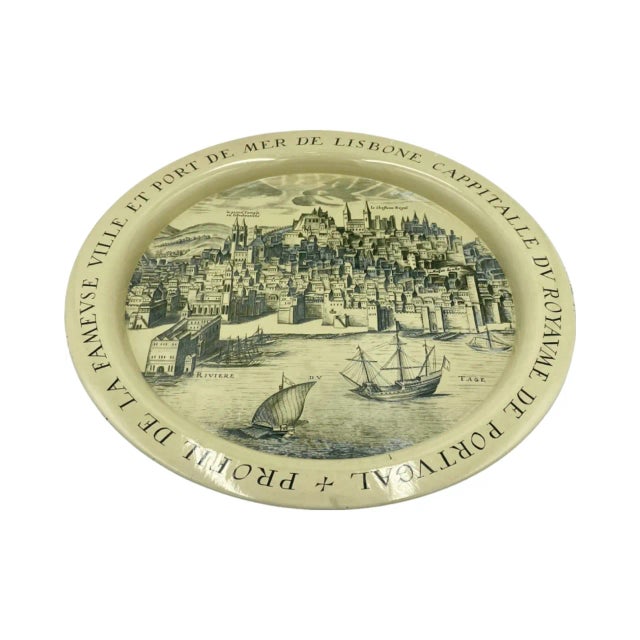 Vintage Lisbon Portugal Seascape Seaport Ship Harbor Round Metal Tray ...