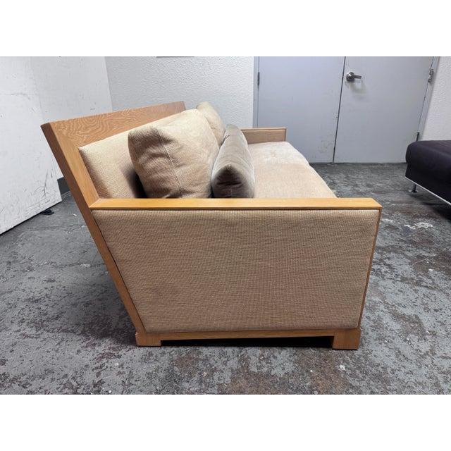 Ted Boerner Portrait Linen & Oak Wood Sofa | Chairish
