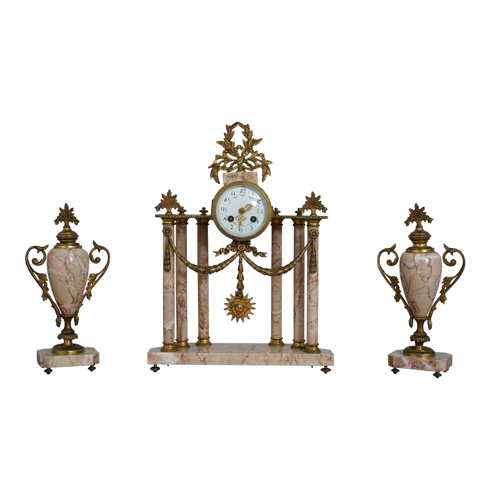 French 3 Piece Marble & Bronze Clock Set | Chairish