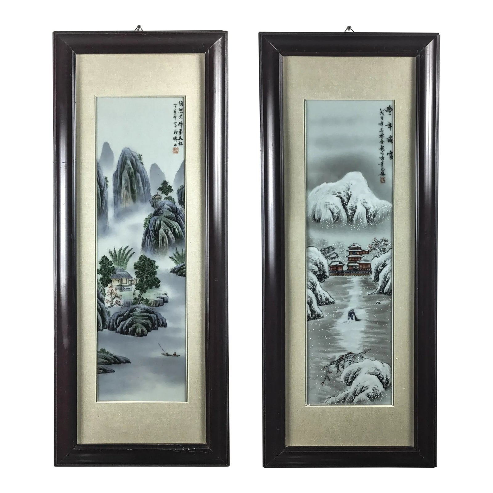 Framed Artist Signed Vintage Paintings on Porcelain - a Pair | Chairish