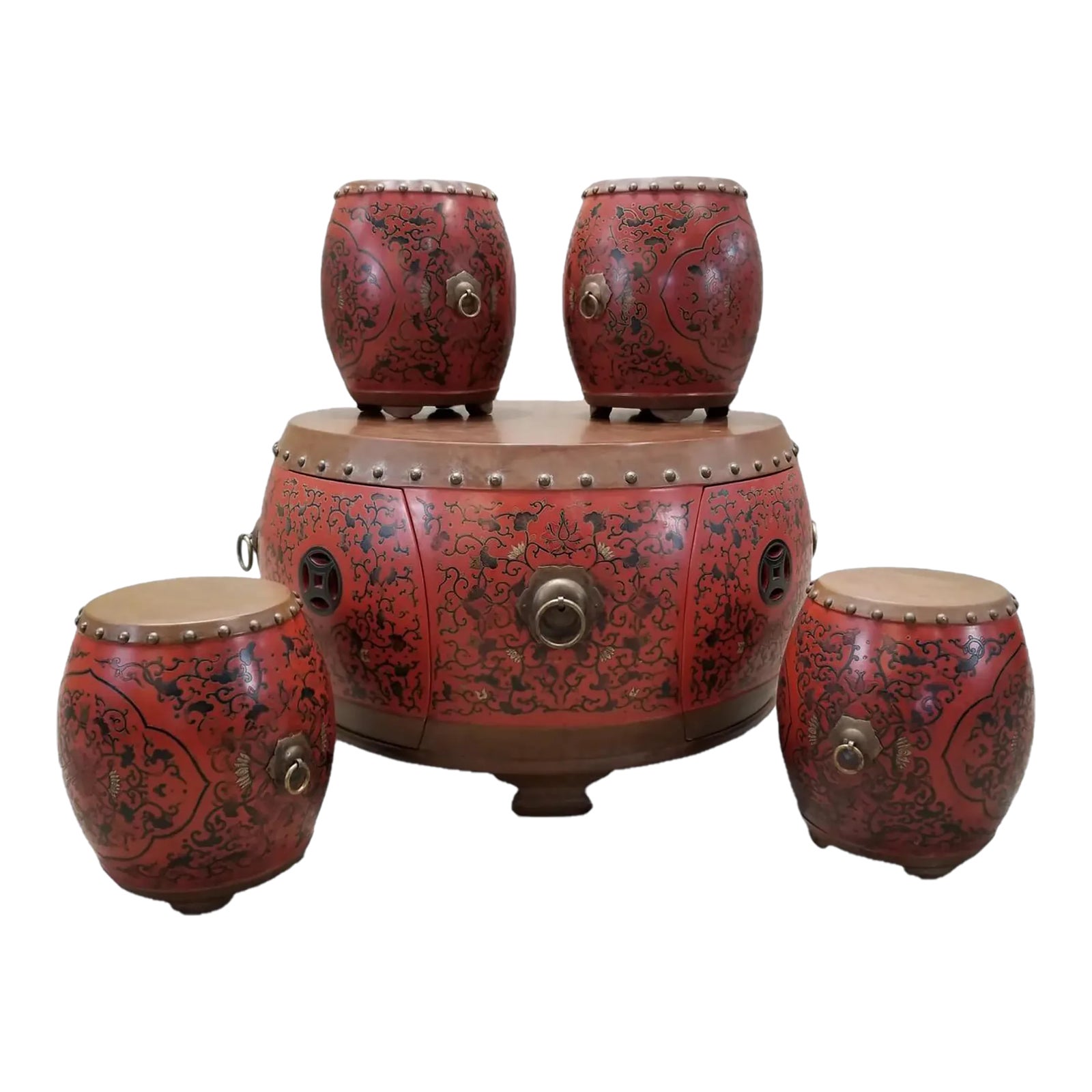 Vintage Asian Style Red Coromandel Drum Coffee/Side Table - Set of 5 ...