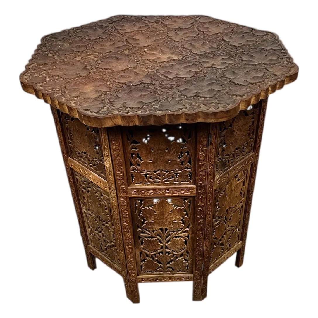 Vintage Anglo Indian Rare Pattern Heavily Carved Teak Octagonal Table ...