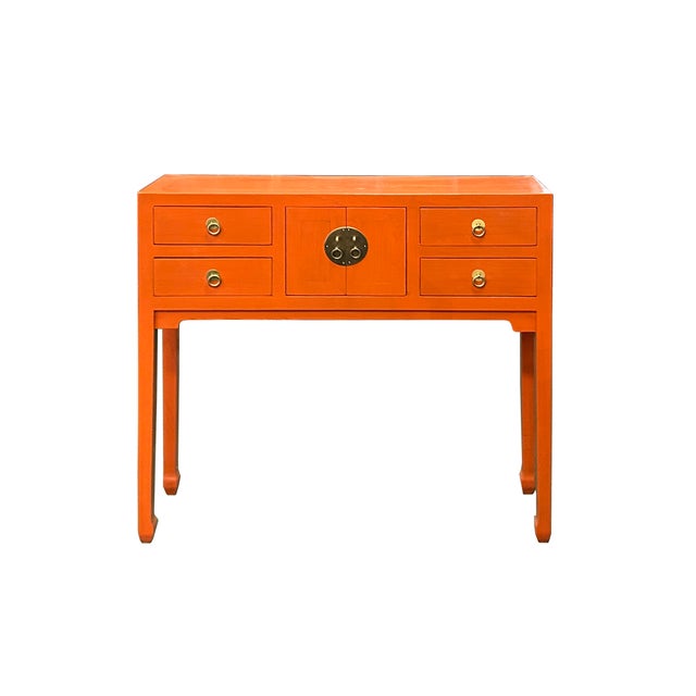Oriental Orange Lacquer 4 Drawers Slim Narrow Foyer Side Table | Chairish