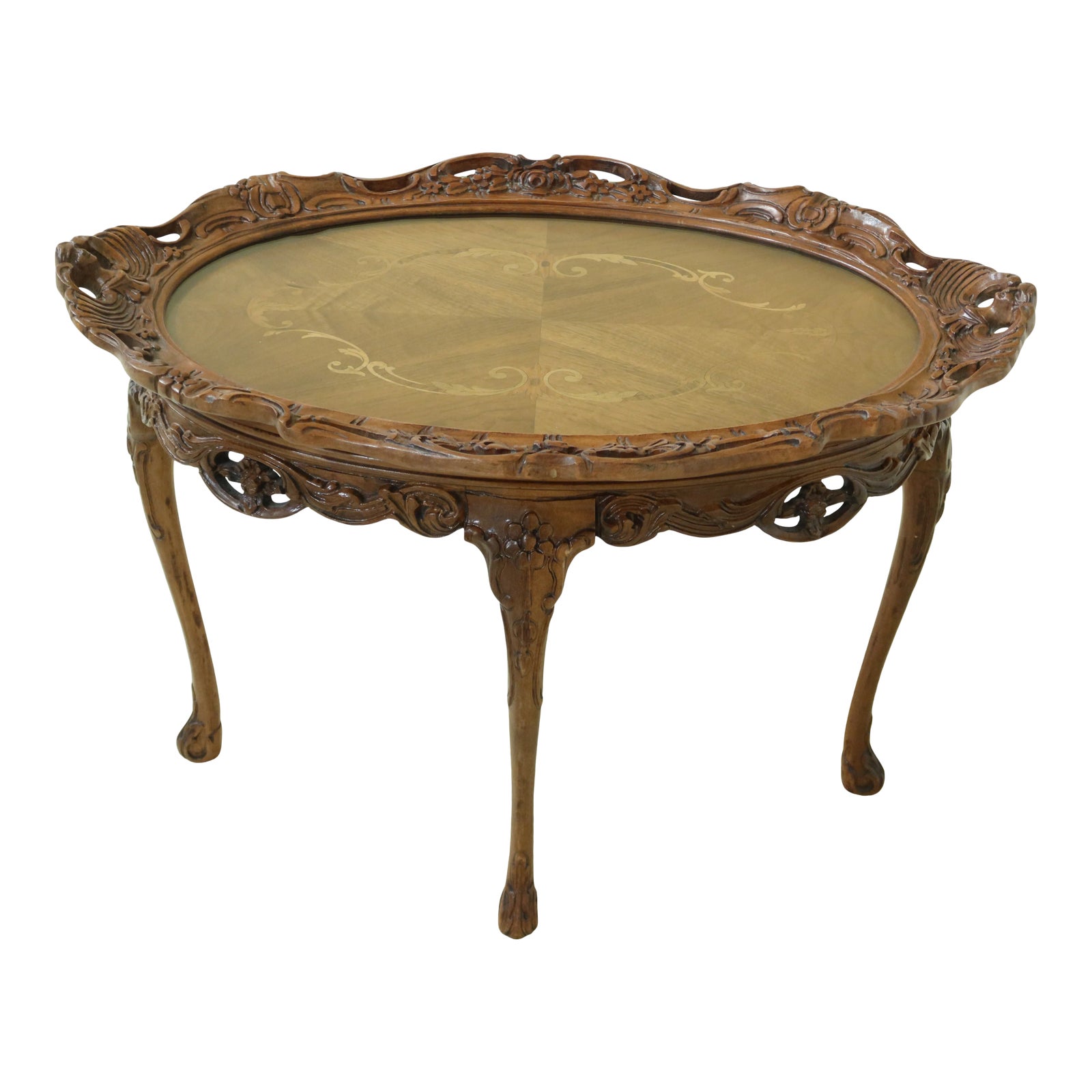 Vintage 1930s French Style Inlaid Mahogany Coffee Table | Chairish