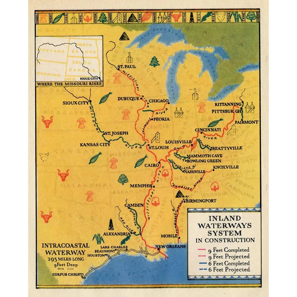 1931 Inland Waterways System Original Map | Chairish