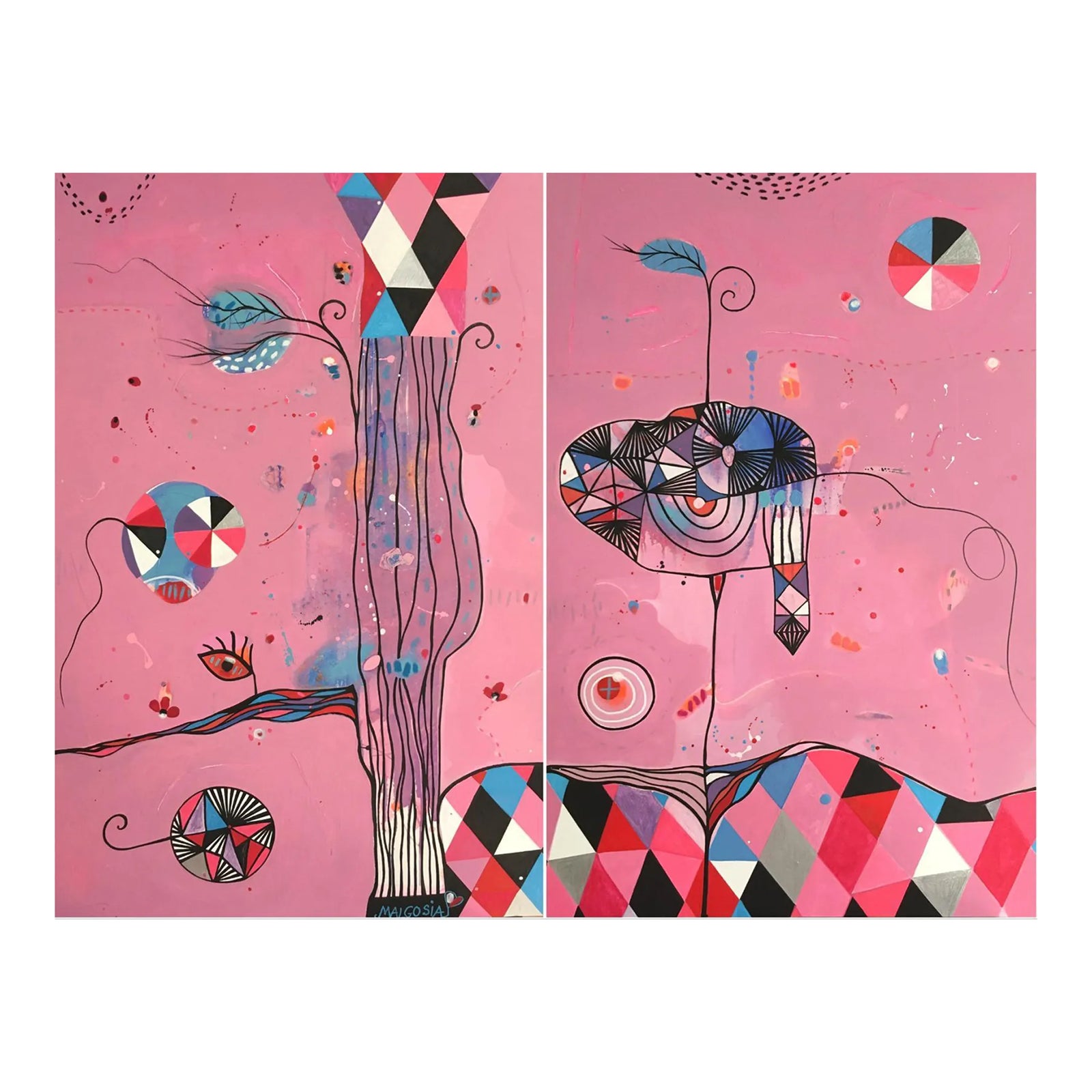 Malgosia Kiernozycka Sleeping Arlekin Diptych Pink Abstract Composition ...