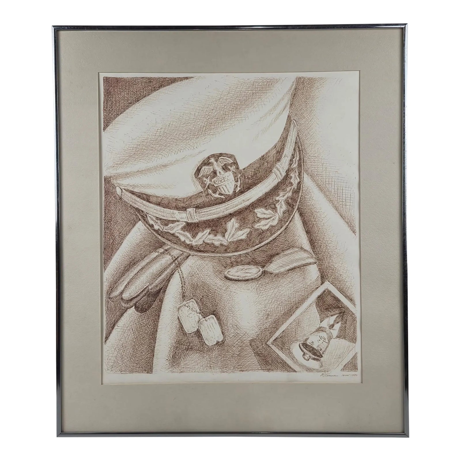 Vintage 1980 Signed R. Krause Metal Framed Pen & Ink Navy Naval ...