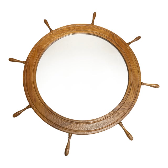 Mid-Century Large Nautical Wooden Ship Wheel Shaped Wall Mirror | Chairish