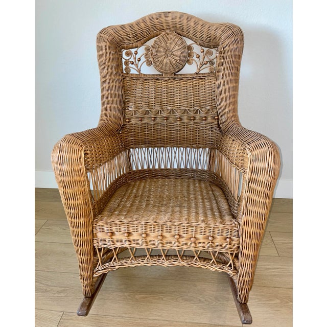 Mid 20th Century Vintage Cottage Chic Wicker Rattan Medallion Wingback ...