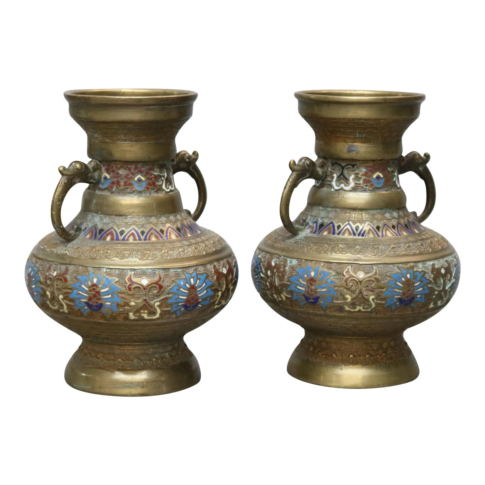 Antique Japanese Persian Style Champlevé Enameled Bronze Vase Set ...