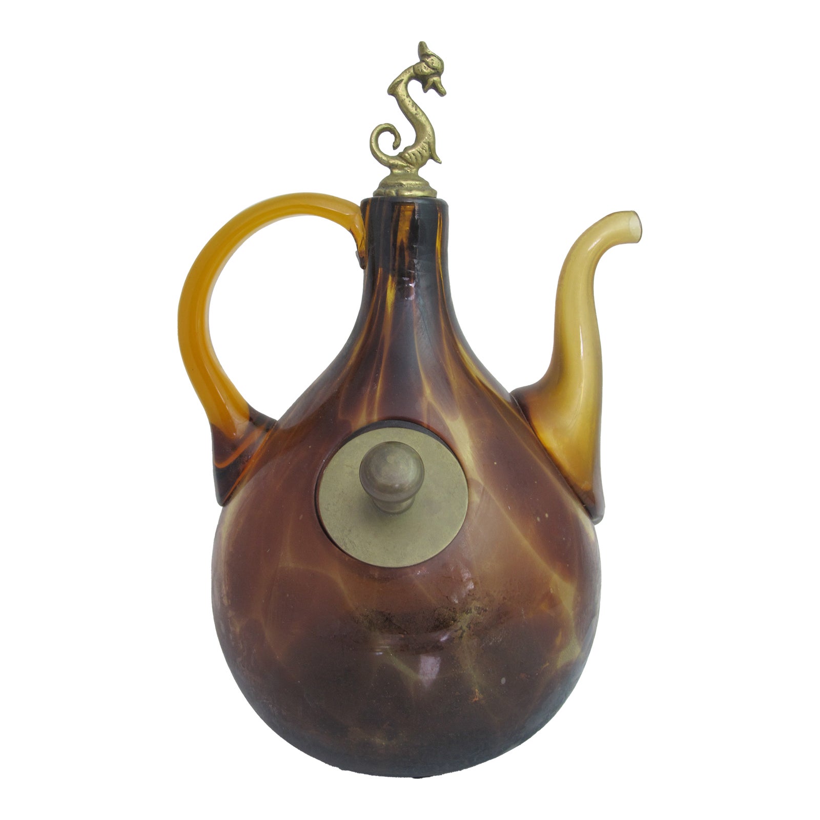 Handblown Tortoise Shell Brown Glass Ice Chamber Decanter Dolphin ...
