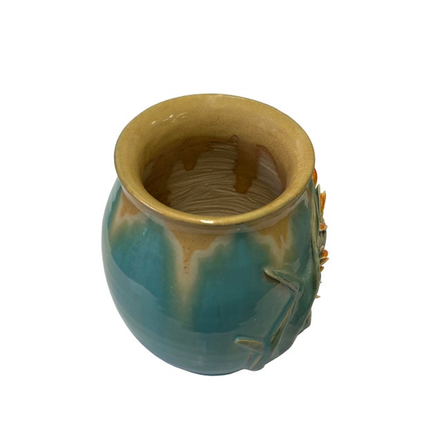 Chinese Turquoise Tan Glaze Dimensional Flower Holder Pot Vase | Chairish