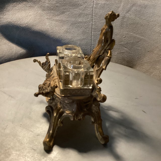 1920s Art Nouveau Double Ink Well Stand With 2 Glass Inserts | Chairish