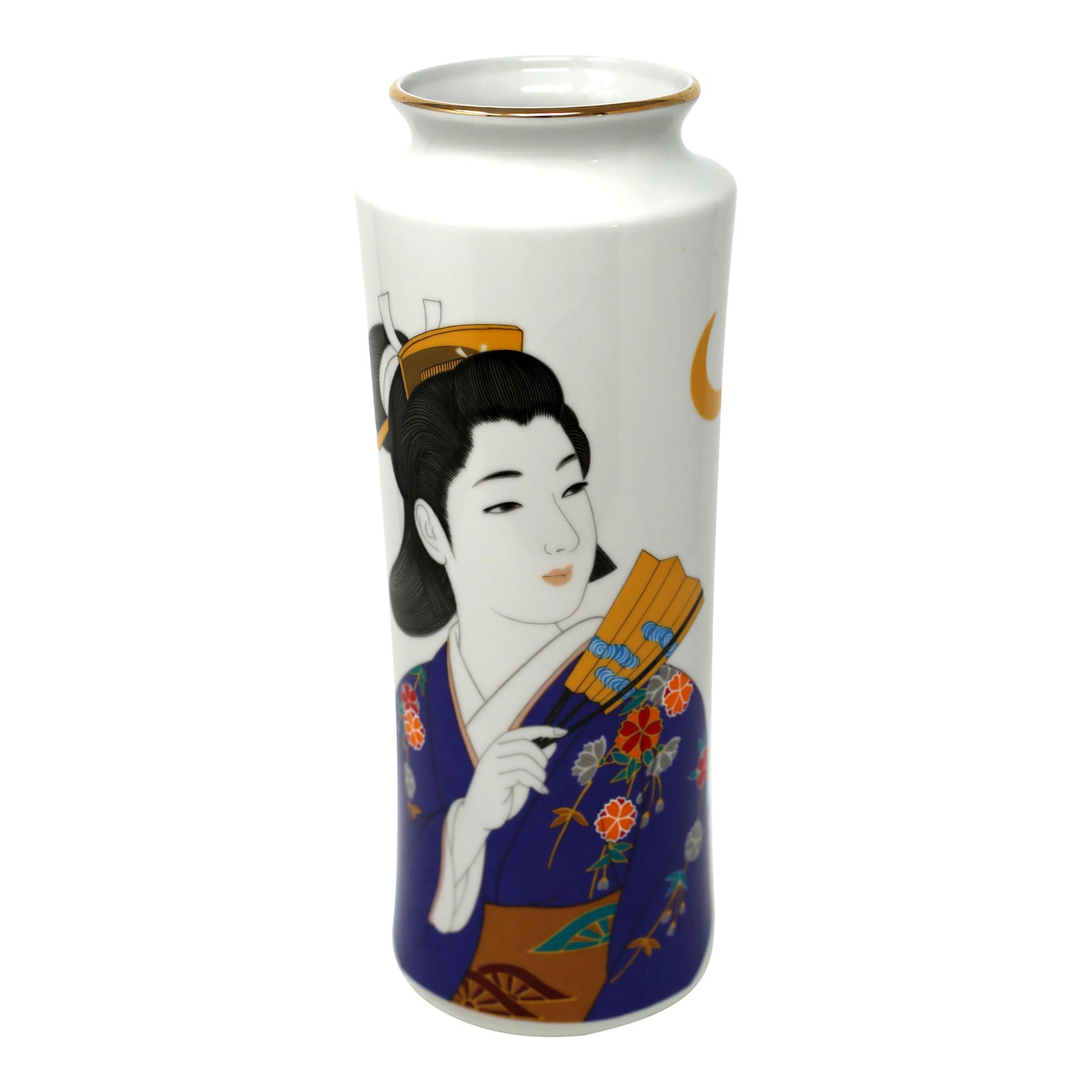 1980s Illustrated Japanese Porcelain Cylinder Vase | Chairish