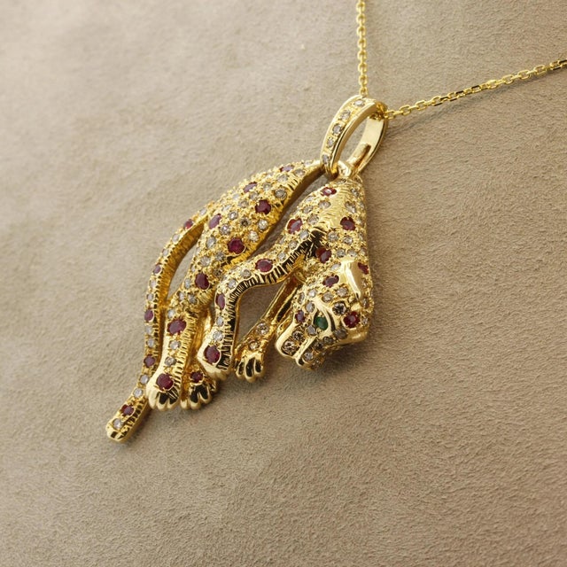 Diamond Ruby Emerald Gold Panther Pendant | Chairish