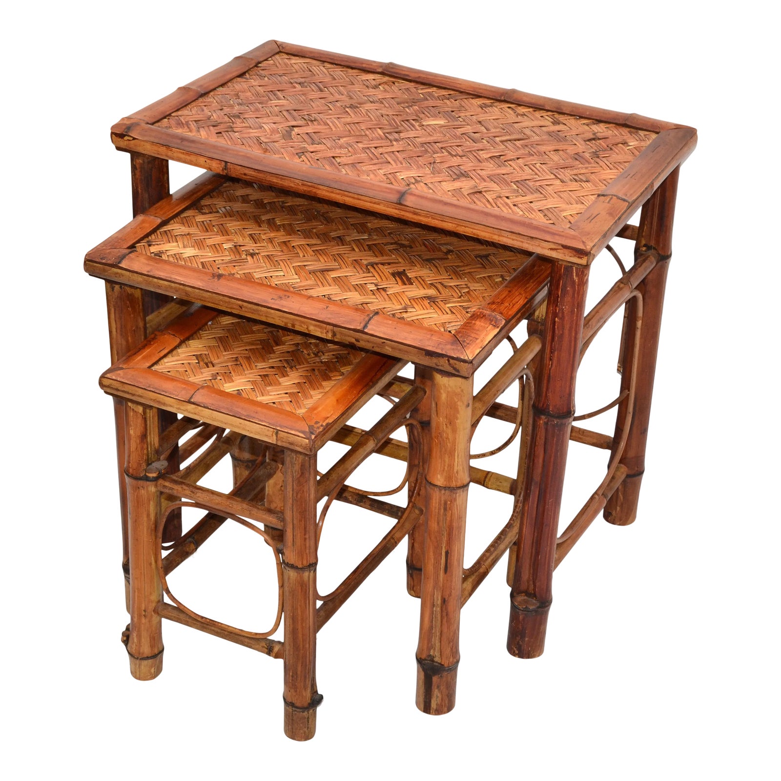 Chinoiserie Bamboo & Cane Nesting Tables / Stacking Tables Handcrafted ...