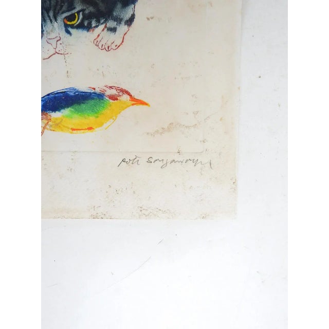 Vintage Late 20th Century Color Etching of Cat With Bird | Chairish