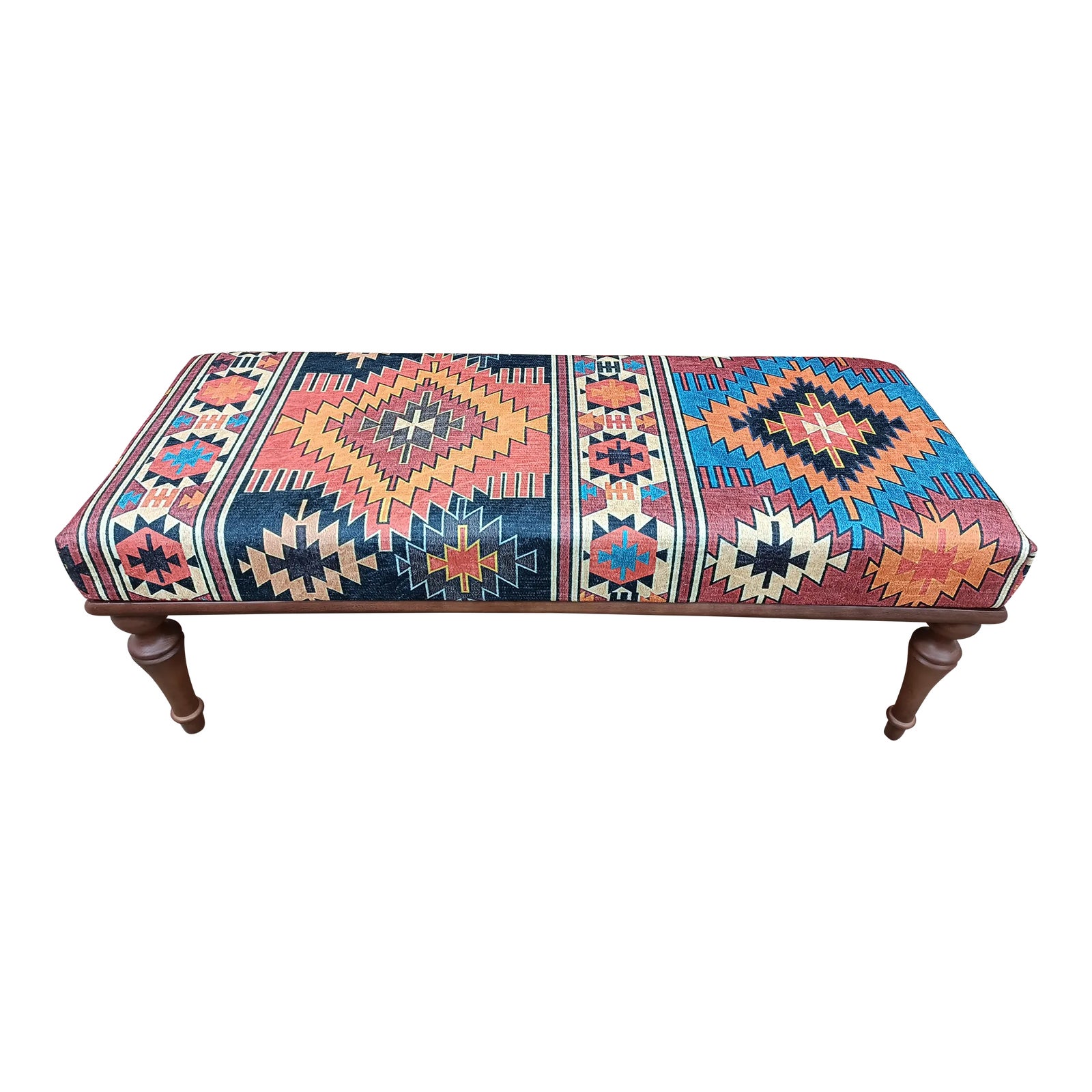 Aztec Pattern Printed Rug Fabric Upholstered Pouffe Bench | Chairish