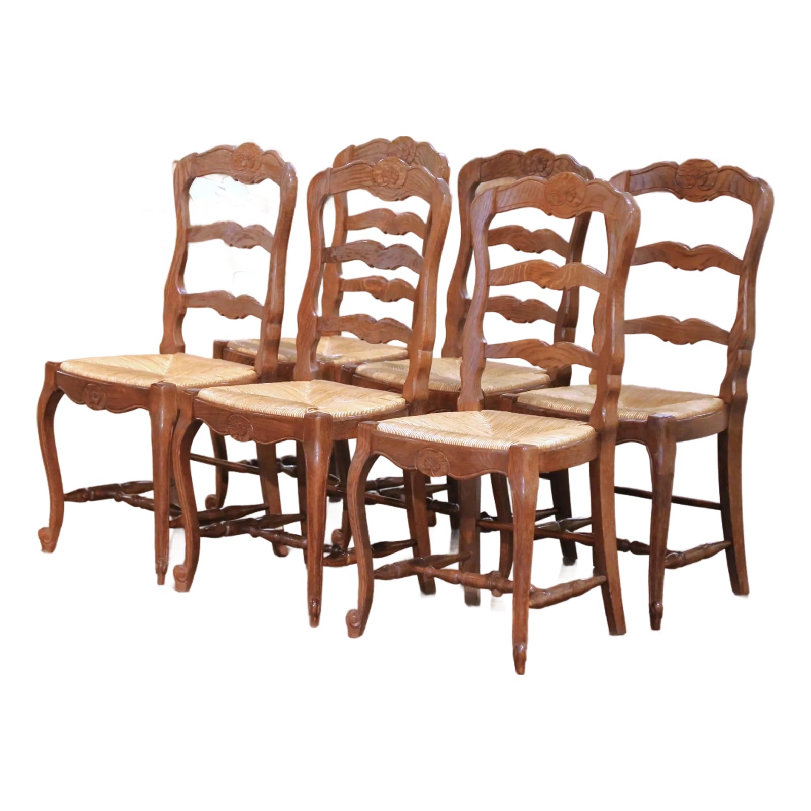 Set of Six French Ladder Back Oak Dining Chairs With Rush Seat From ...