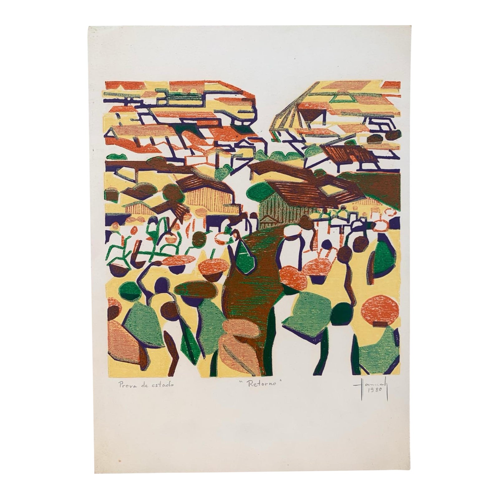 1980s Woodcut Print “Retorno” by Brazilian Artist Hannah Brandt | Chairish