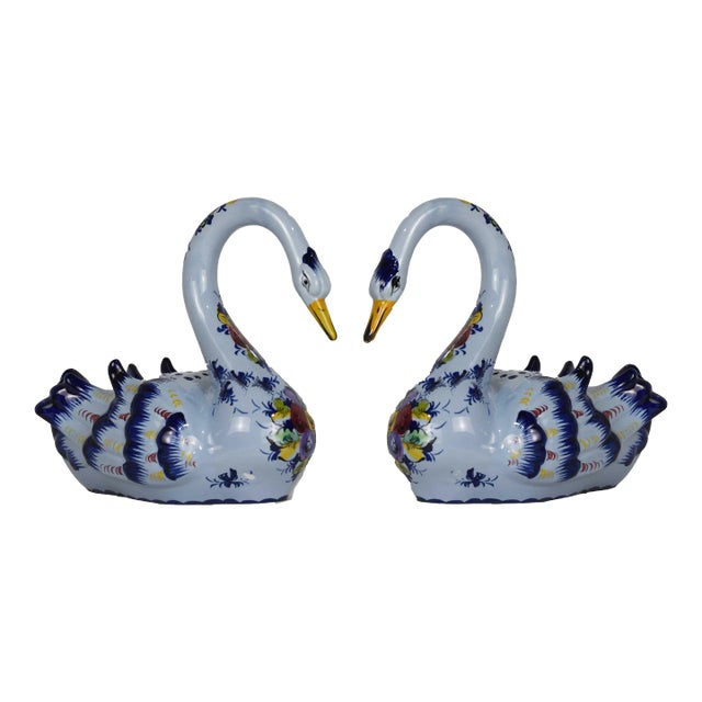 Vintage Ceramic Decorated Swans Floral Display - a Pair | Chairish