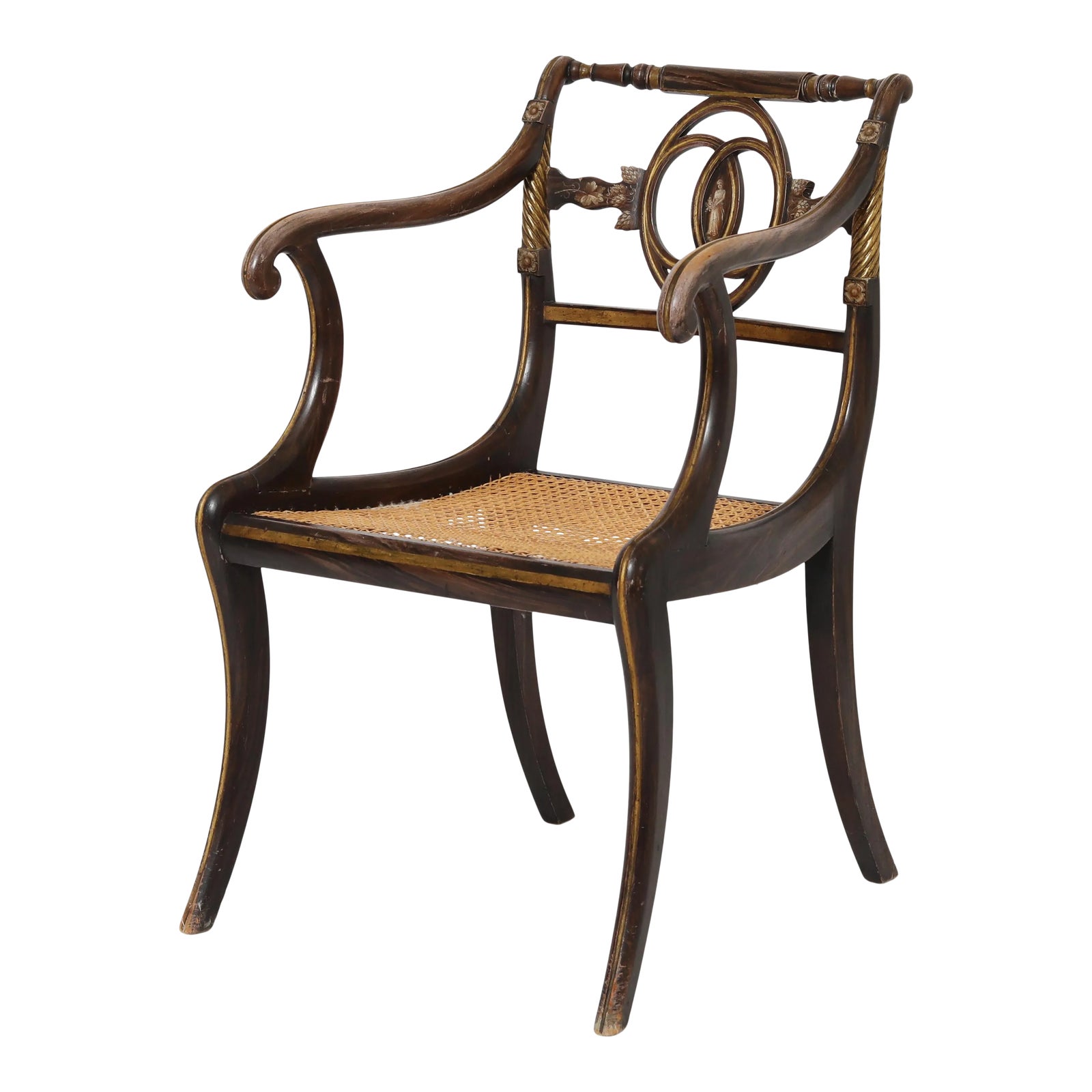 Early 19th Century Thomas Hope Caned Mahogany Gilt Armchair | Chairish