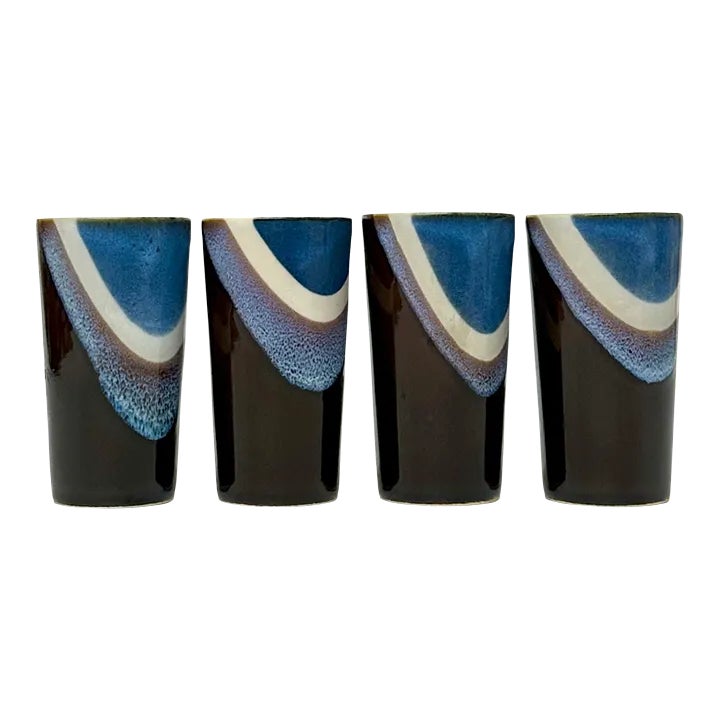 Artisanal 1970s-Style Brown and Blue Ceramic Beakers - Set of 4 | Chairish