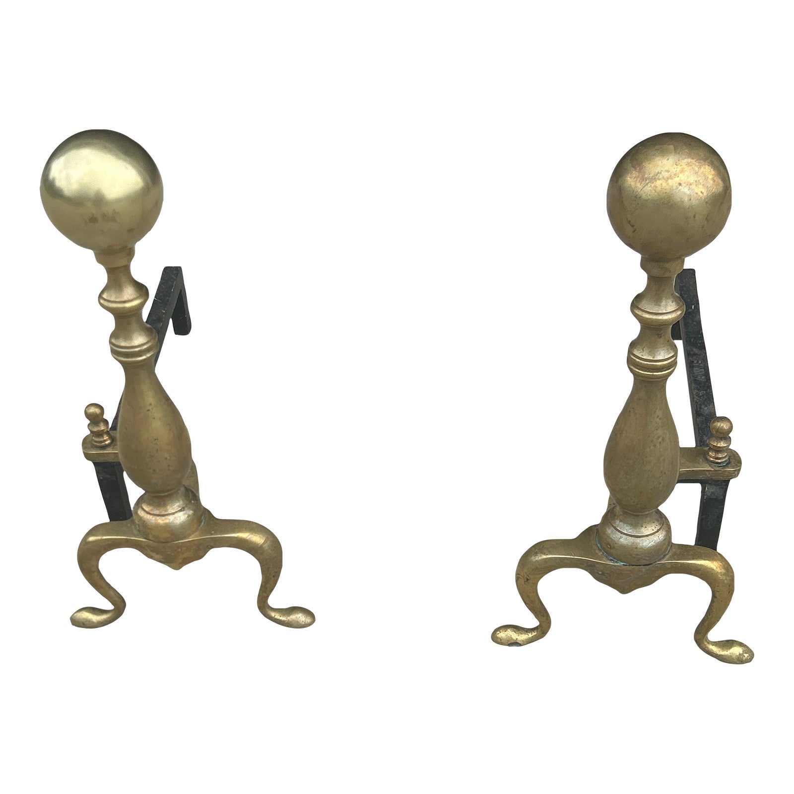 Pair of Mid 20th Century Brass / Cast Iron Cannonball Andirons | Chairish