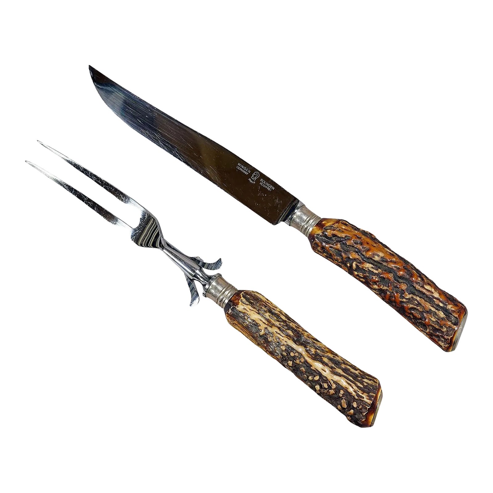 Vintage Stag Horn Carving Set by Anton Wingen, Solingen - Set of 2 ...