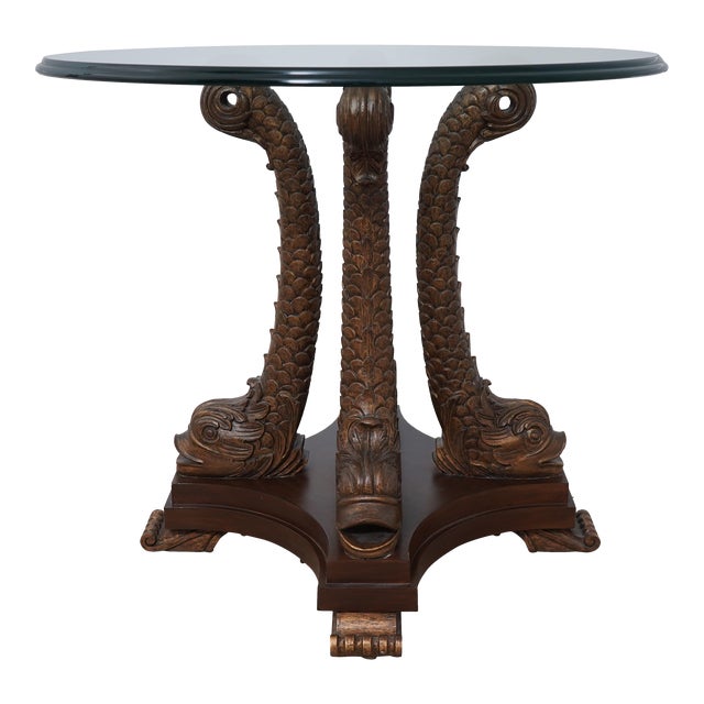 Round Glass Top Carved Dolphin Base Center Table | Chairish