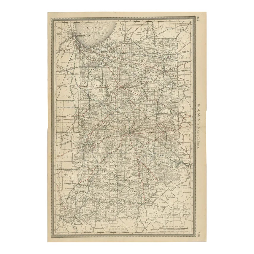 Antique Map of Indiana The Hoosier State with Railroads and Counties ...