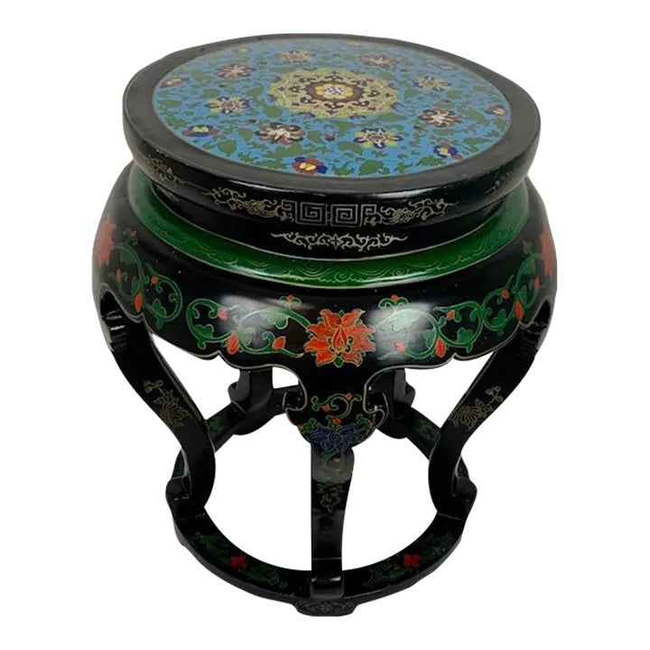 1920s Polychrome Cloisonne Black Lacquered Side Table/ Seat | Chairish