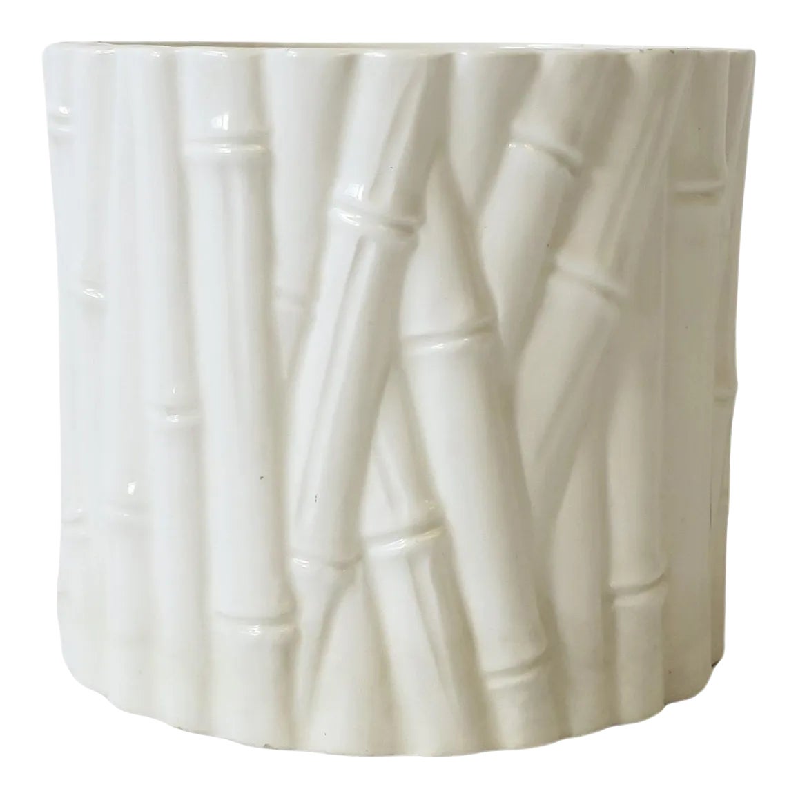 White Ceramic Cachepot or Jardiniere with Bamboo Design | Chairish
