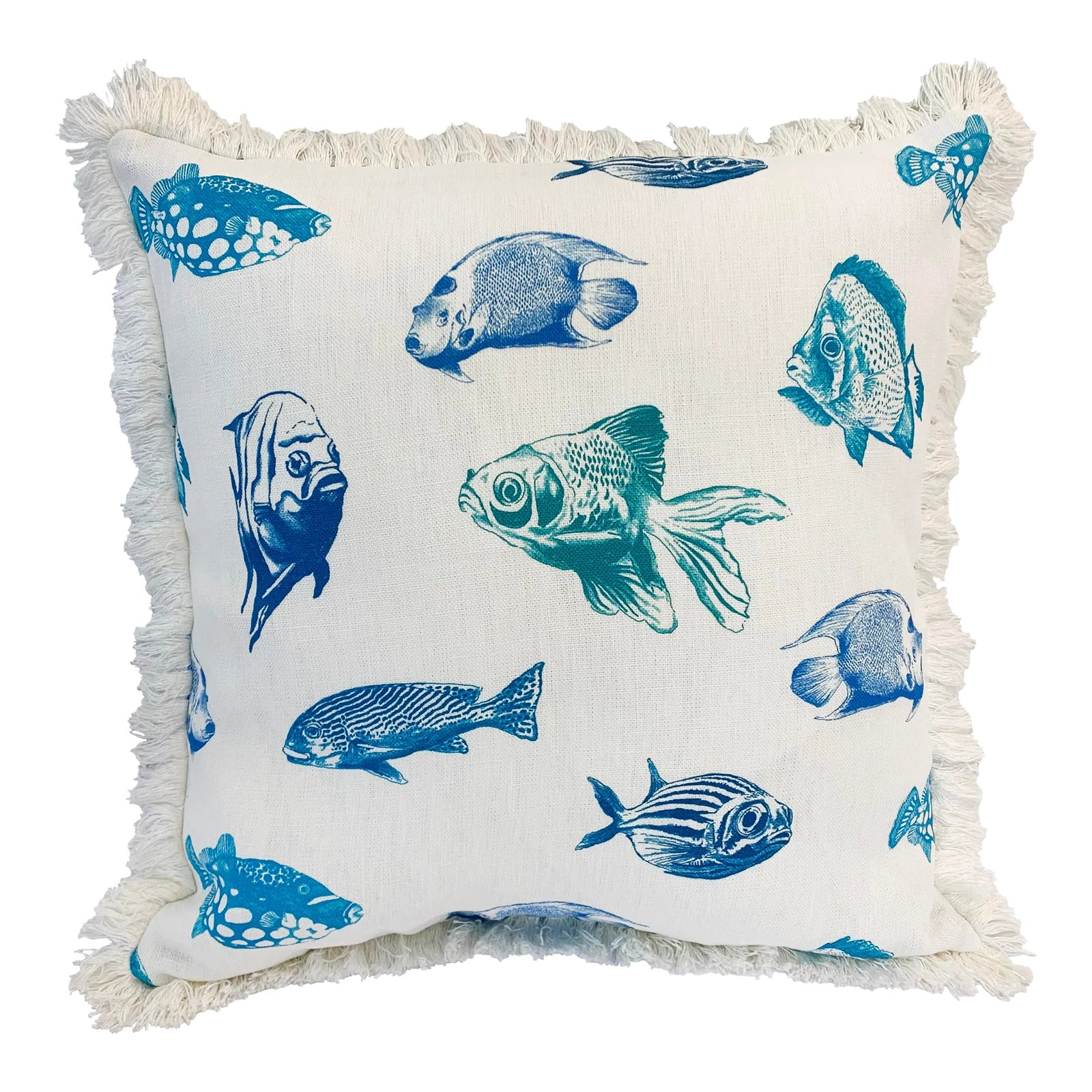 Artisan “Fish” Turquoise Blue Colorway Handprinted on Linen 20" Pillow ...