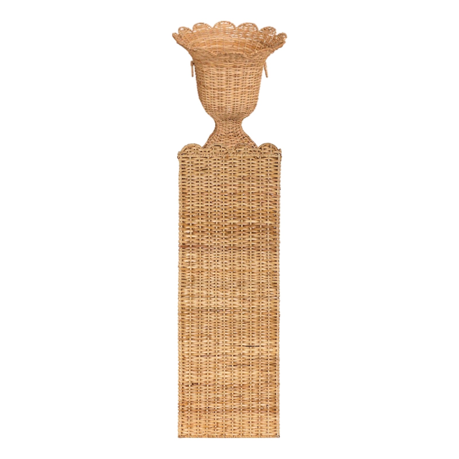 Square Scalloped Trim Wicker Urn and Pedestal | Chairish