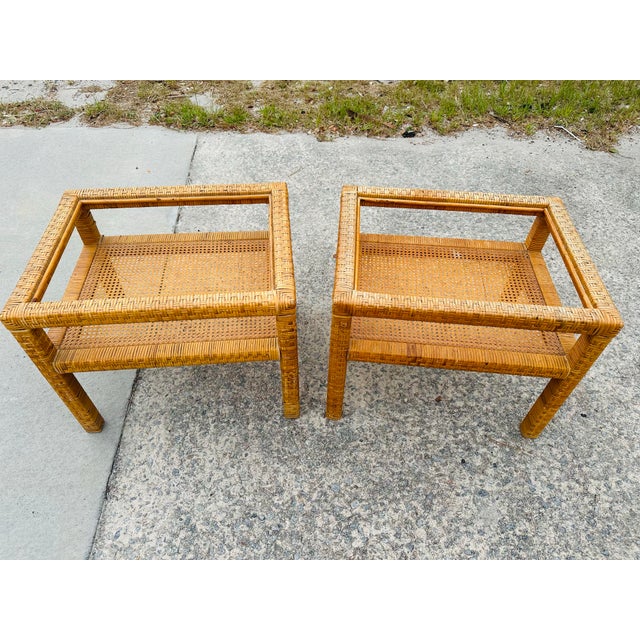 Billy Baldwin Rattan Glass Top Side Tables, a Pair | Chairish