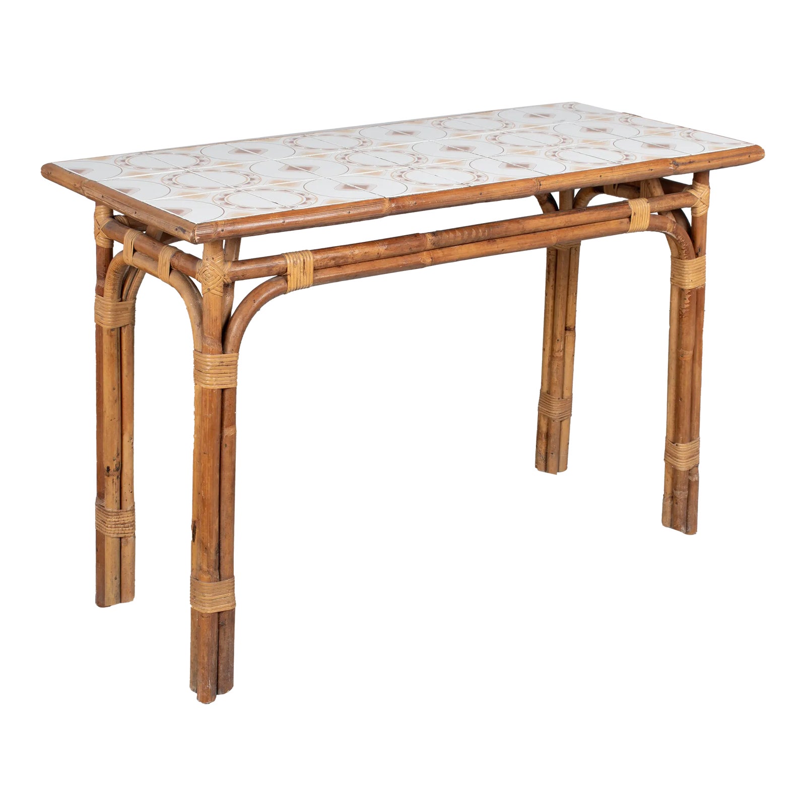 Mid-Century French Rattan Tile Top Console Table | Chairish
