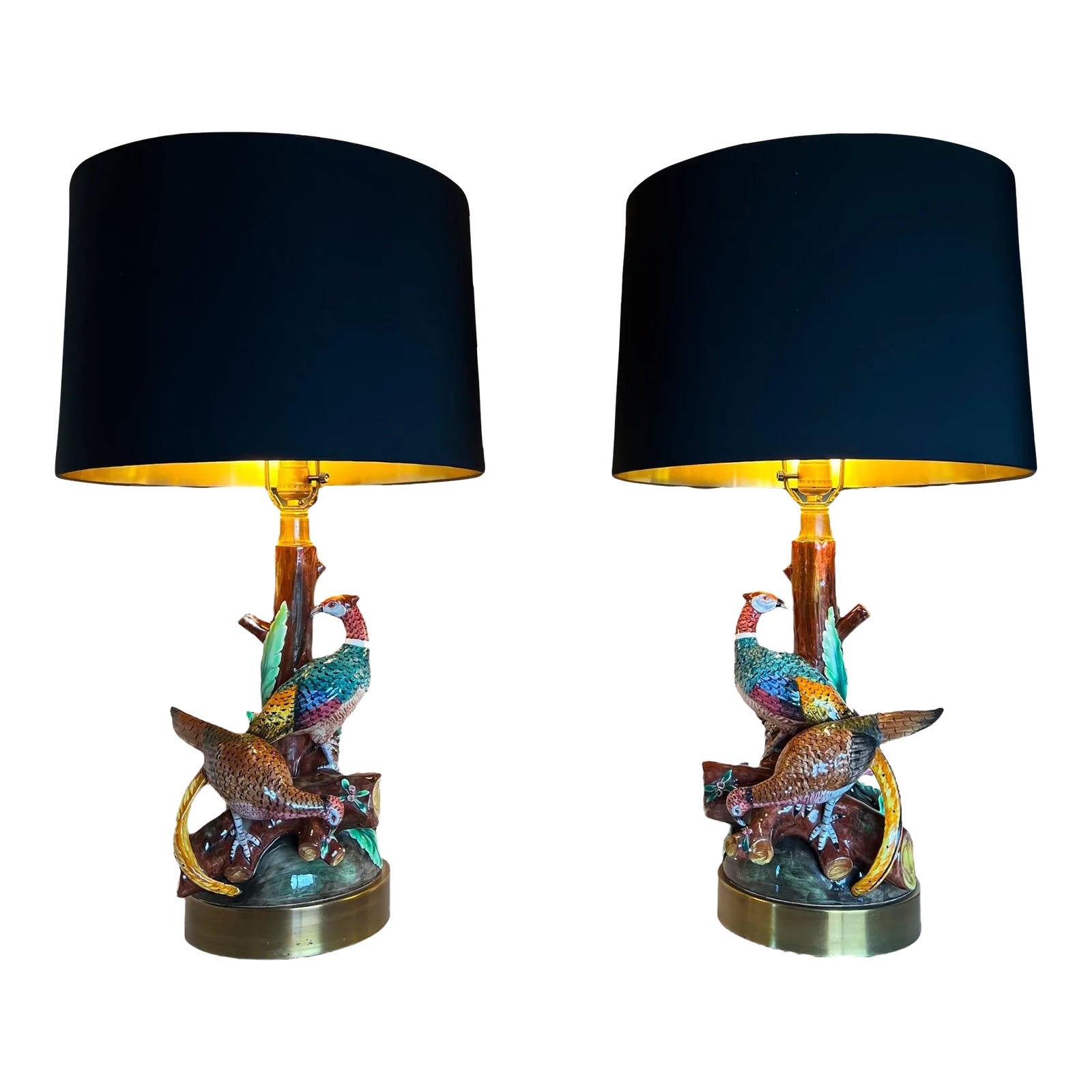 Pair of Late 19th Century Majolica Pheasant Table Lamps | Chairish