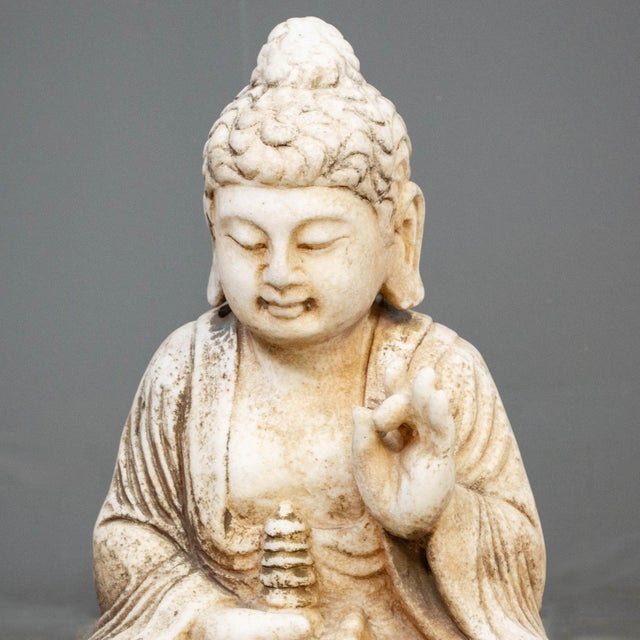 Carved and Patinated White Marble Chinese Buddha Sitting on a Lotus ...