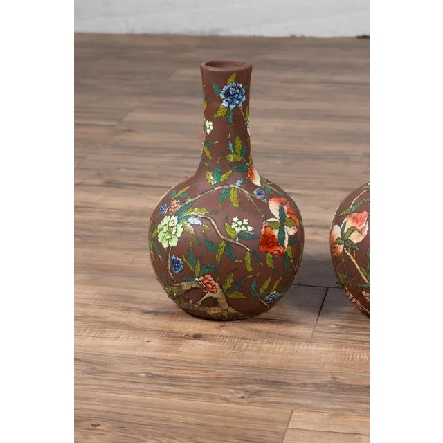 Vintage Chinese Kendi Shape Brown Vases with Floral and Fruit Décor - a ...