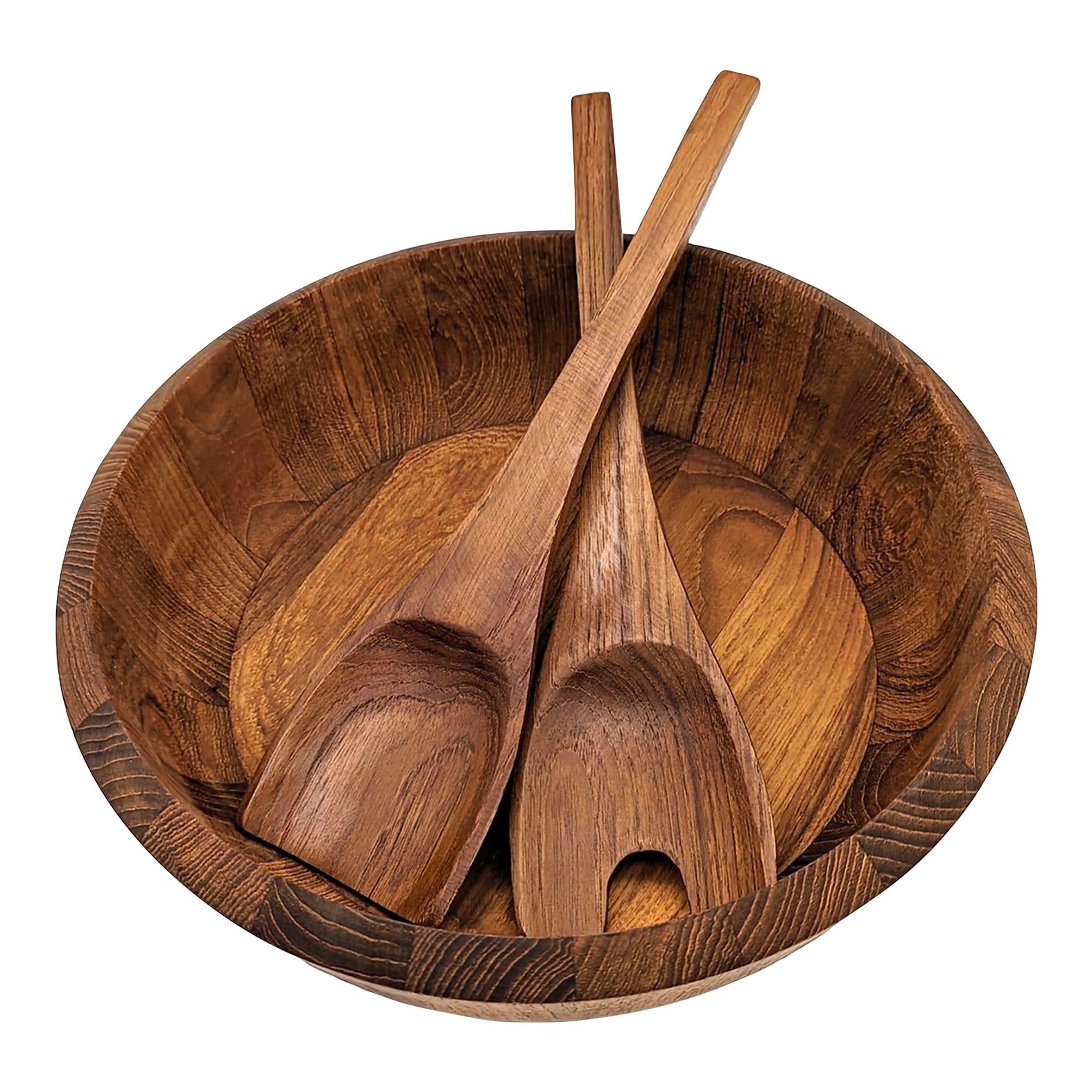 1980s Dansk Staved And Lathed Teak Wood Bowl And Serving Utensils Set